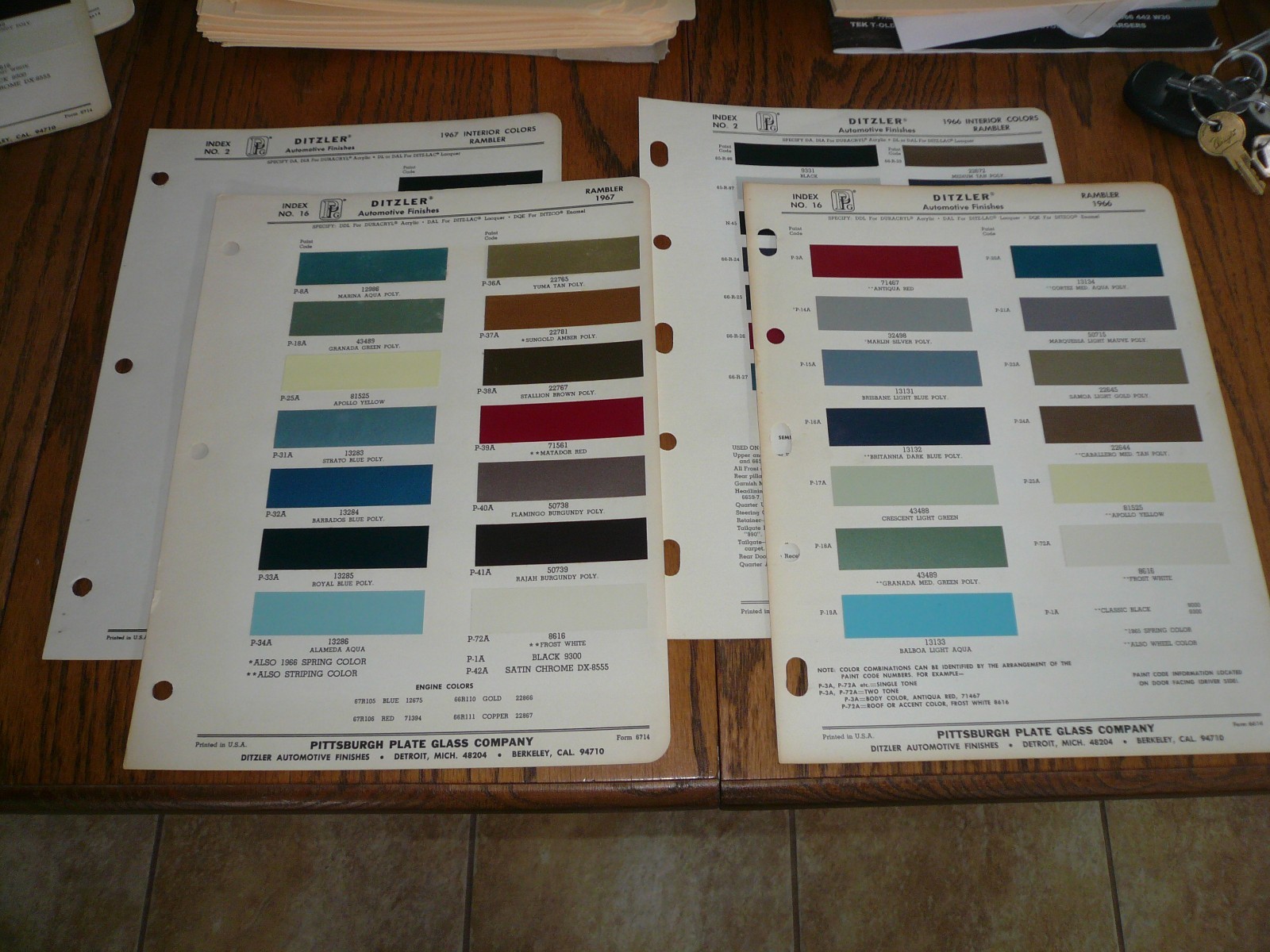 1966 1967 AMC Ditzler PPG Color Chip Paint Samples with Interior Colors ...