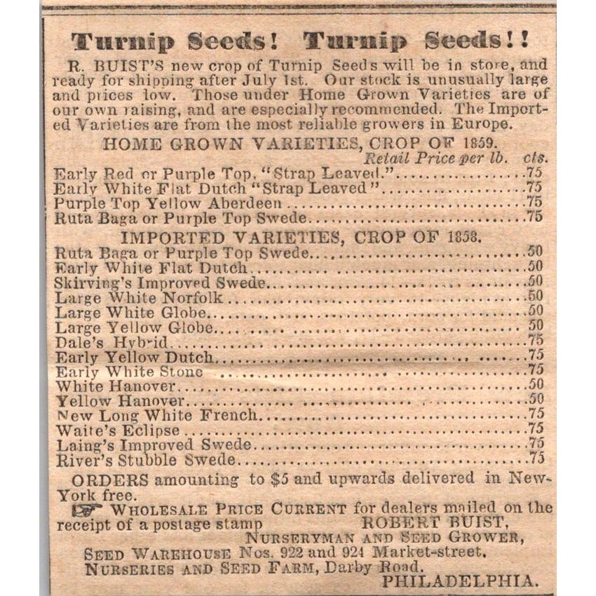 Turnip Seeds Home Growns Varieties Robert Buist 1859 New York Clipping ...