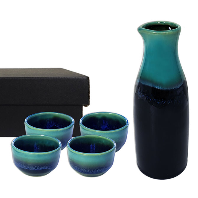 SET of 5 Japanese Sake Bottle and Cups Set Blue Namako Gift Boxed Made ...