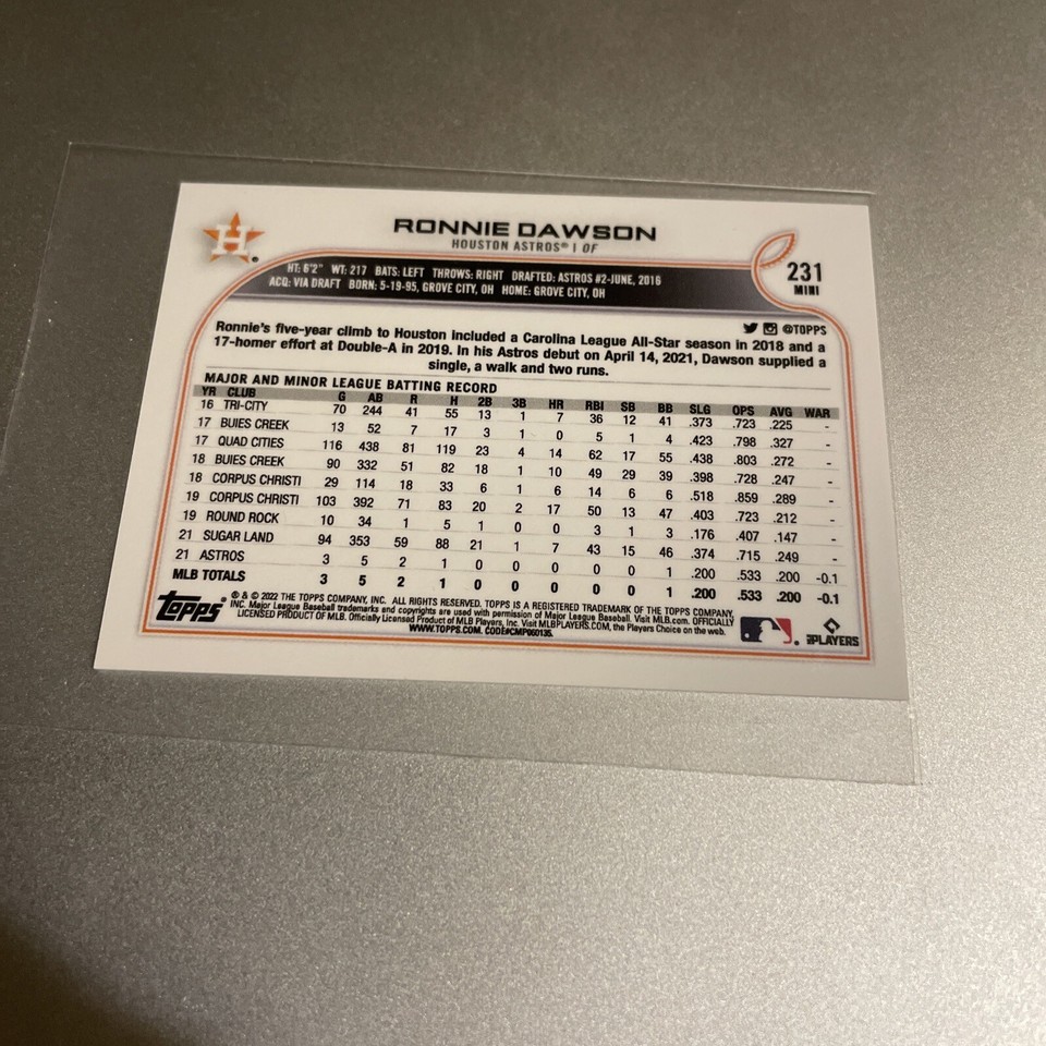 2022 Topps MINI Baseball Ronnie Dawson RC Rookie Card #231! (CL4) | eBay