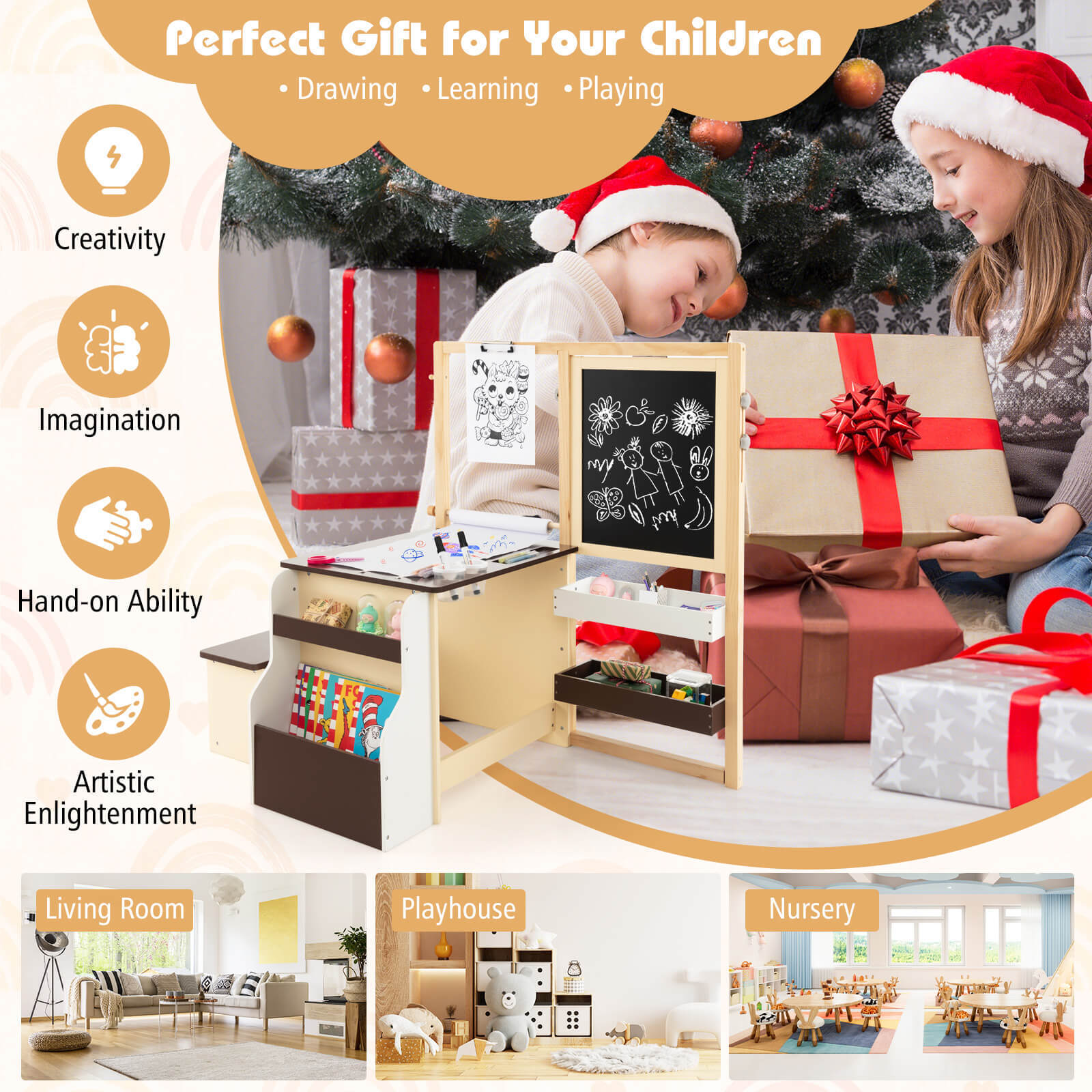 Kids Art Desk Easel & Bench Set w/ Storage Adjustable Double-Sided ...