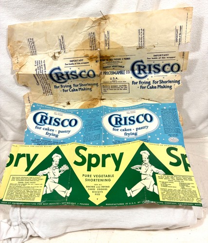 3 Vintage PAPER LABELS, CRISCO & SPRY VEGETABLE SHORTENING. 3 lbs each ...