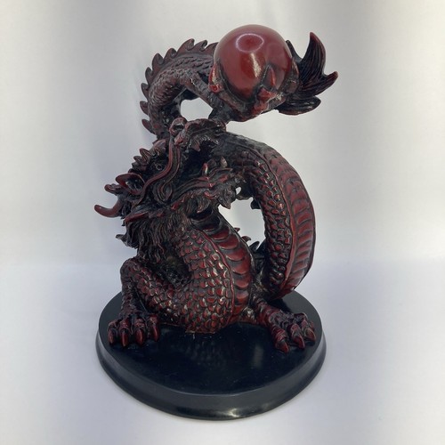 Hand Carved Solid Wood Chinese Red Dragon Pearl Statue Figurine 6.5 ...