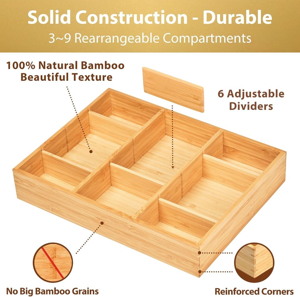 Desk Drawer Organizer Bamboo Wood Organizer Tray W/ Adjustable ...