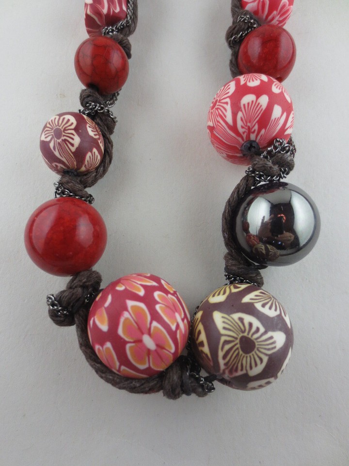 Knotted Fimo Flower Clay and Plastic Beads Silvertone Chain Brown Chord ...