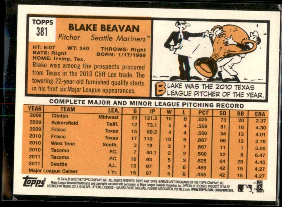 2012 Topps Heritage Blake Beavan #381 Seattle Mariners | eBay