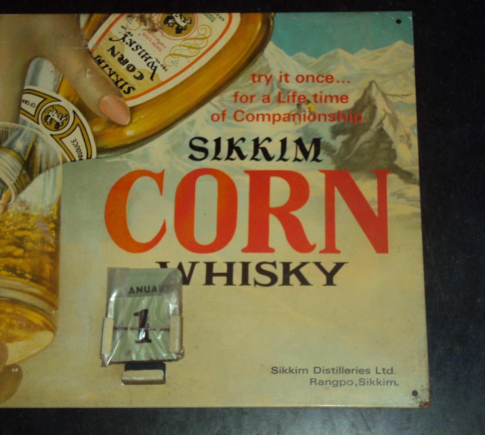 SIKKIM CORN WHISKEY VINTAGE ADVERTISING TIN SIGN WITH CALENDER DAY AND ...