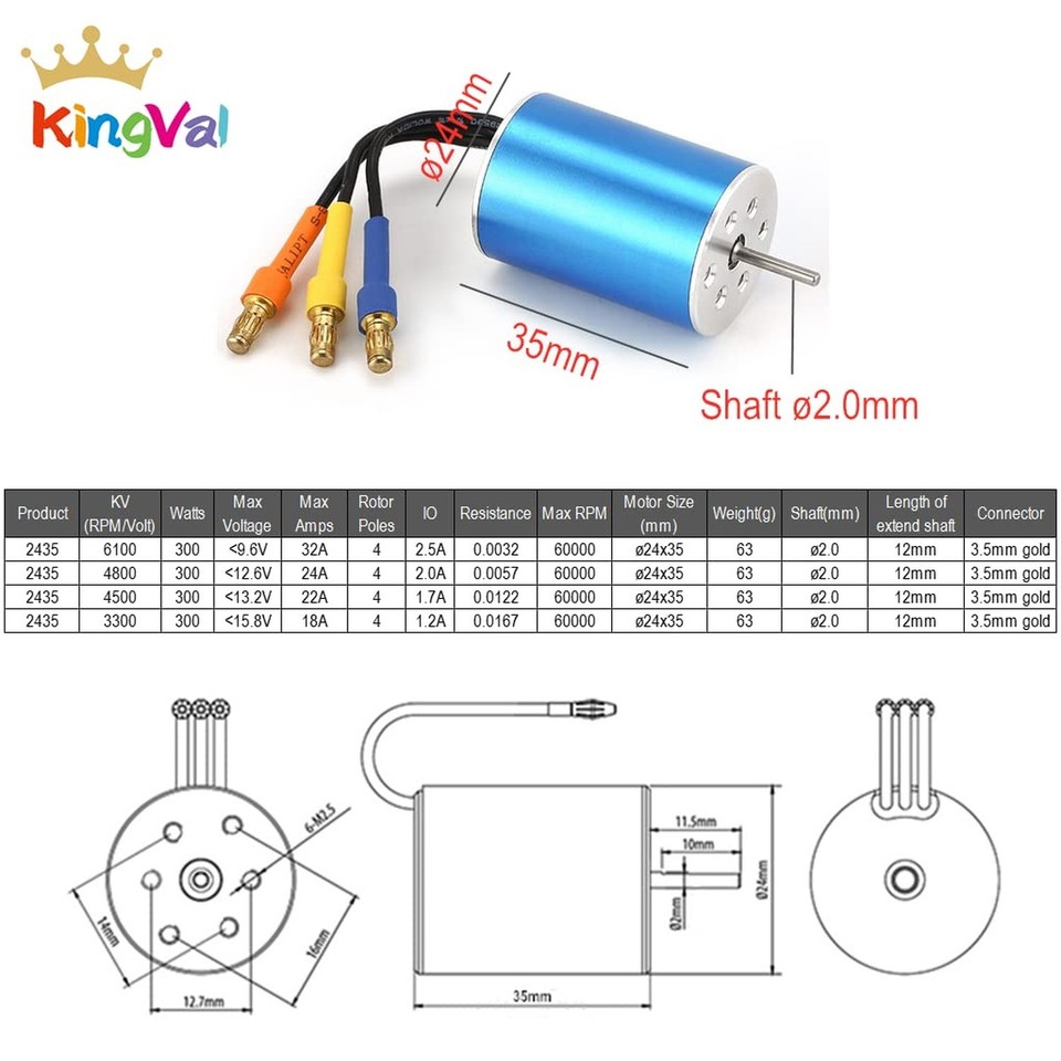 KingVal Replacement 2435 4800KV Sensorless Brushless Motor Shaft 2.0mm ...
