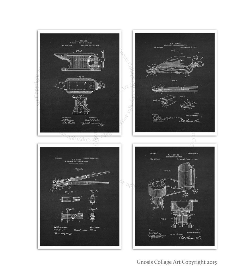 Blacksmith tools tongs anvil patents set of 4 prints chalkboard wall ...