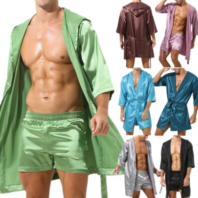Men Satin Kimono Robes Classic Silky Bathrobe Open Front Hooded Robes ...