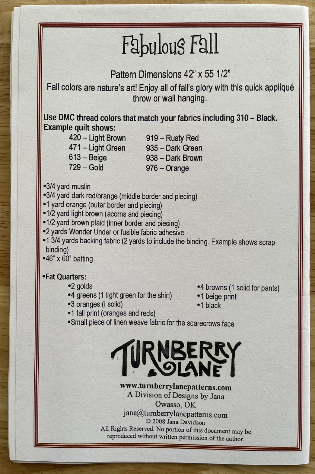 Quilt Pattern: Turnberry Lane Fabulous Fall By Jana Davidson | eBay