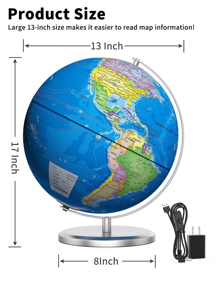 13" World Globe with Stand, Illuminated Educational Globes with HD ...