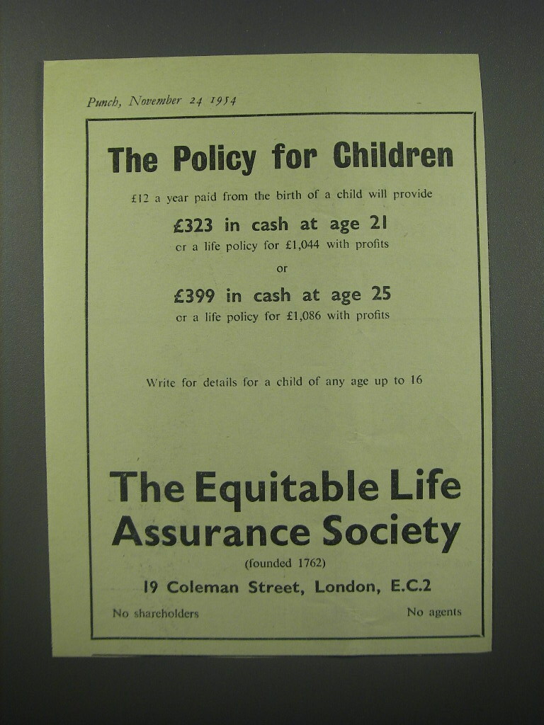 1954 The Equitable Life Assurance Society Ad - The policy for children ...