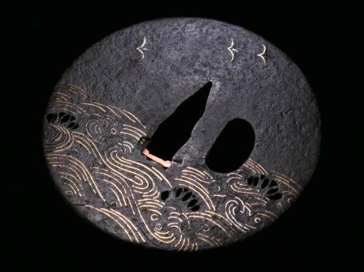 TSUBA Waves & Plovers Heianjo Brass Inlay Japanese Iron Sword Guard Edo ...