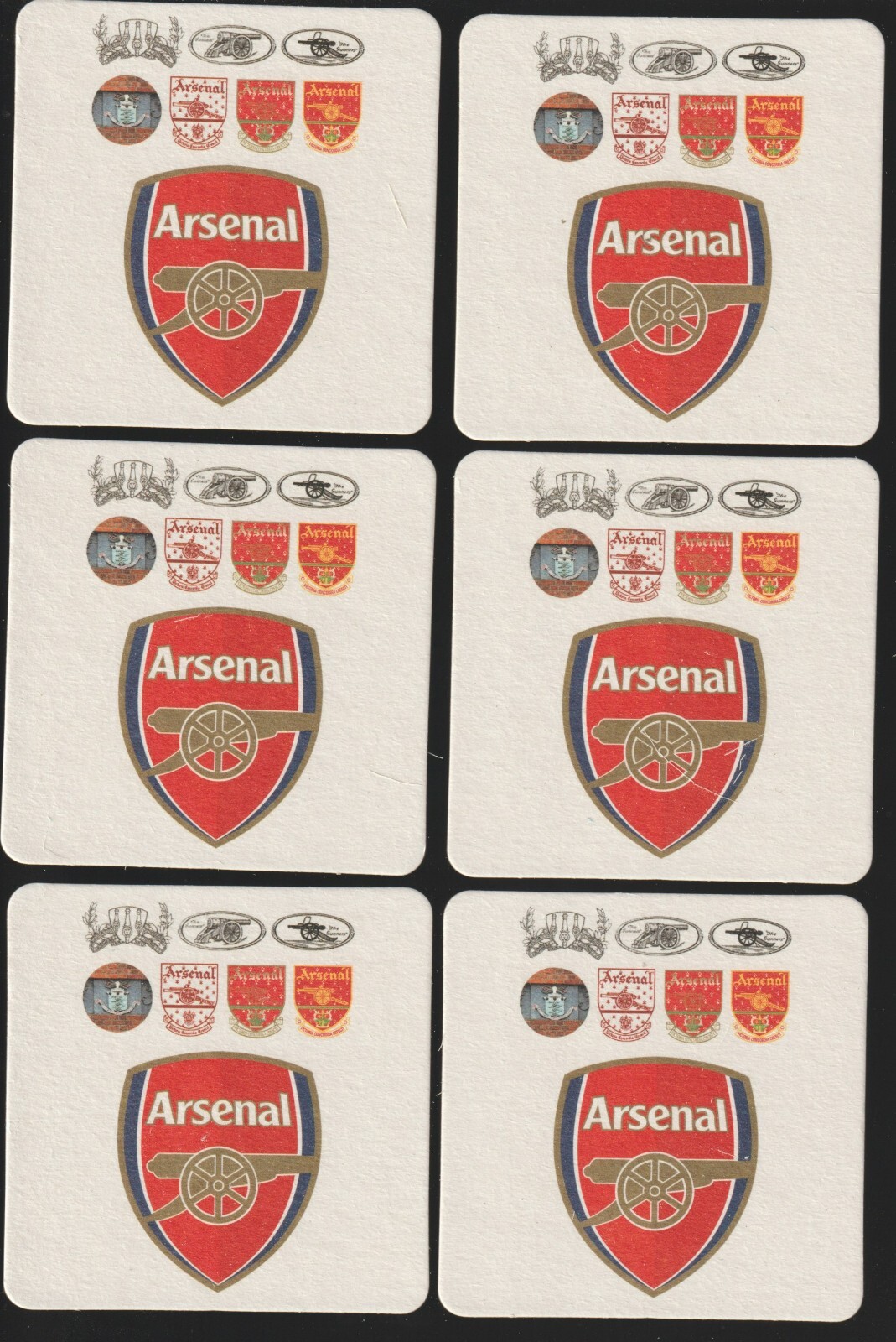 ARSENAL F.C. Badge History Pack of 6 Pub Beer Mats / Coasters FREE POST ...