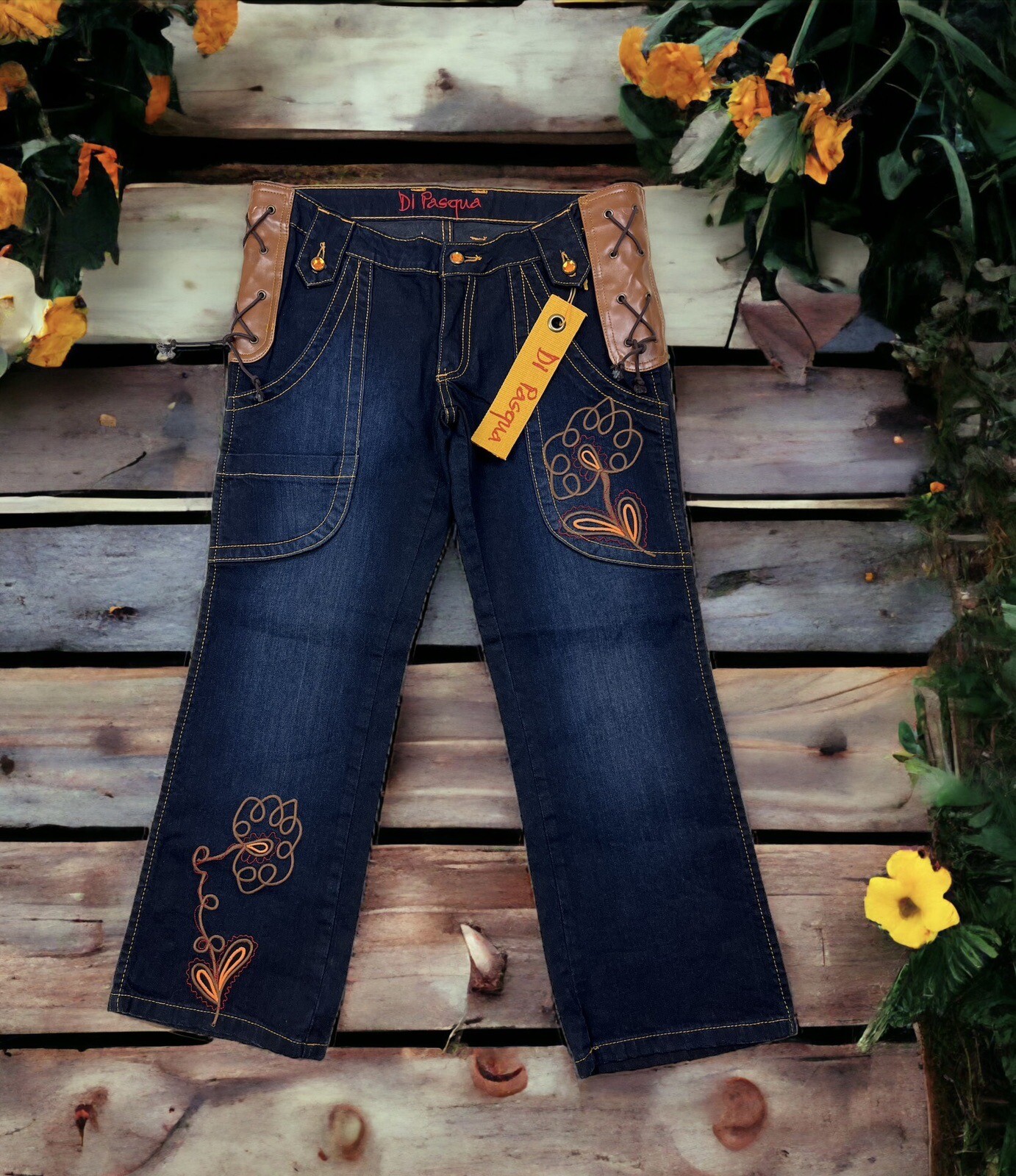 Blue Denim Lace Up Crop Jeans Capris Boho Floral Western Cowgirl Hippie ...