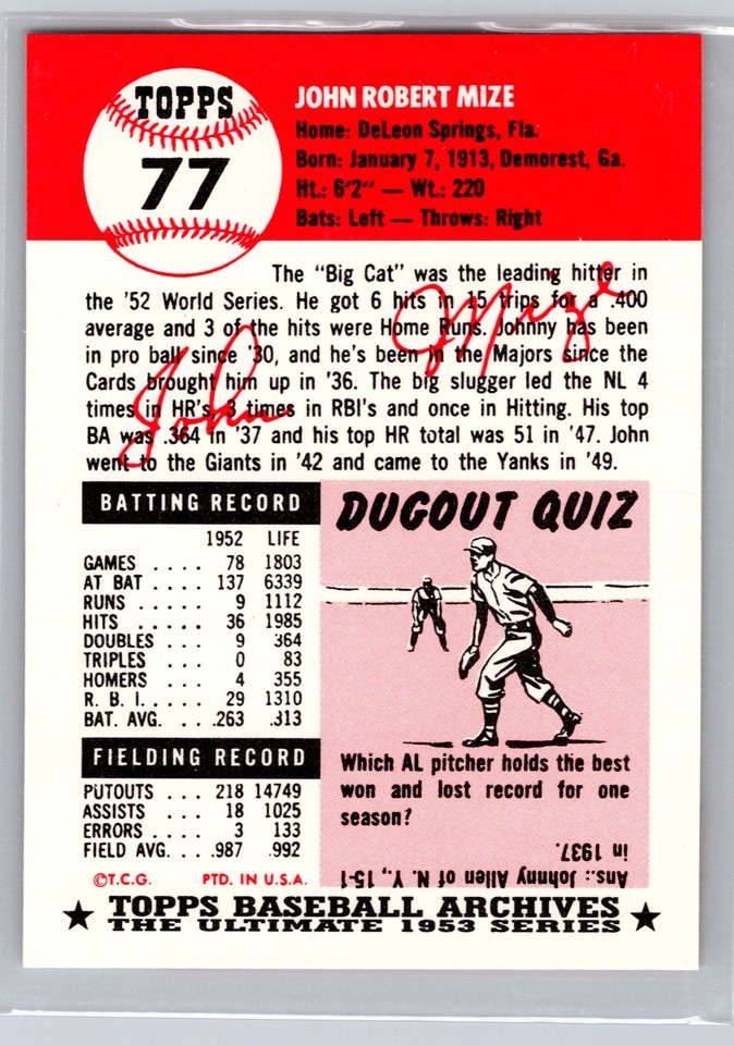 1991 Topps Archives 1953 #77 John Mize New York Yankees | eBay