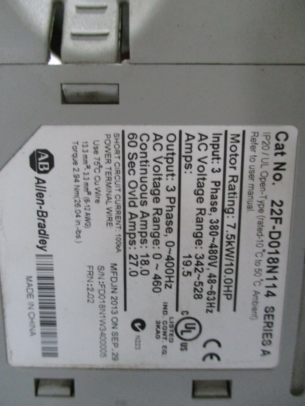 AB ALLEN BRADLEY POWERFLEX AC Drive 22F-D018N114 7.5KW 10.0HP 380-480V ...