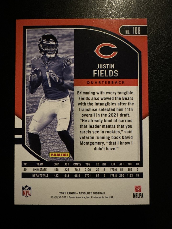 2021 Panini Absolute Football JUSTIN FIELDS Rookie Card RC #108 Chicago ...