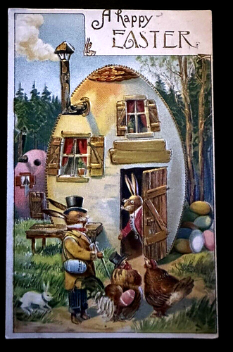 Dressed Rabbits in Egg House with Chickens~Antique Easter Fantasy ...