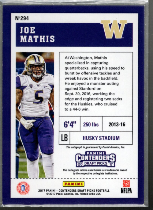 B4630- 2017 Panini Contenders Draft Picks #294 Joe Mathis RC Auto | eBay