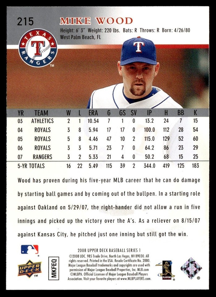 2008 Upper Deck Mike Wood Texas Rangers #215 | eBay