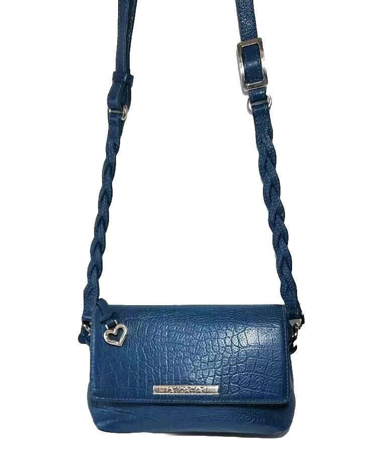 BRIGHTON BRETT YOUR BAG BLUE EMBOSSED SADDEL FLAP CROSSBODY ORGANIZER ...