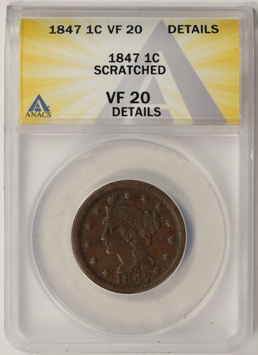1847 Braided Hair Large Cent 1C VF 20 Details ANACS | eBay