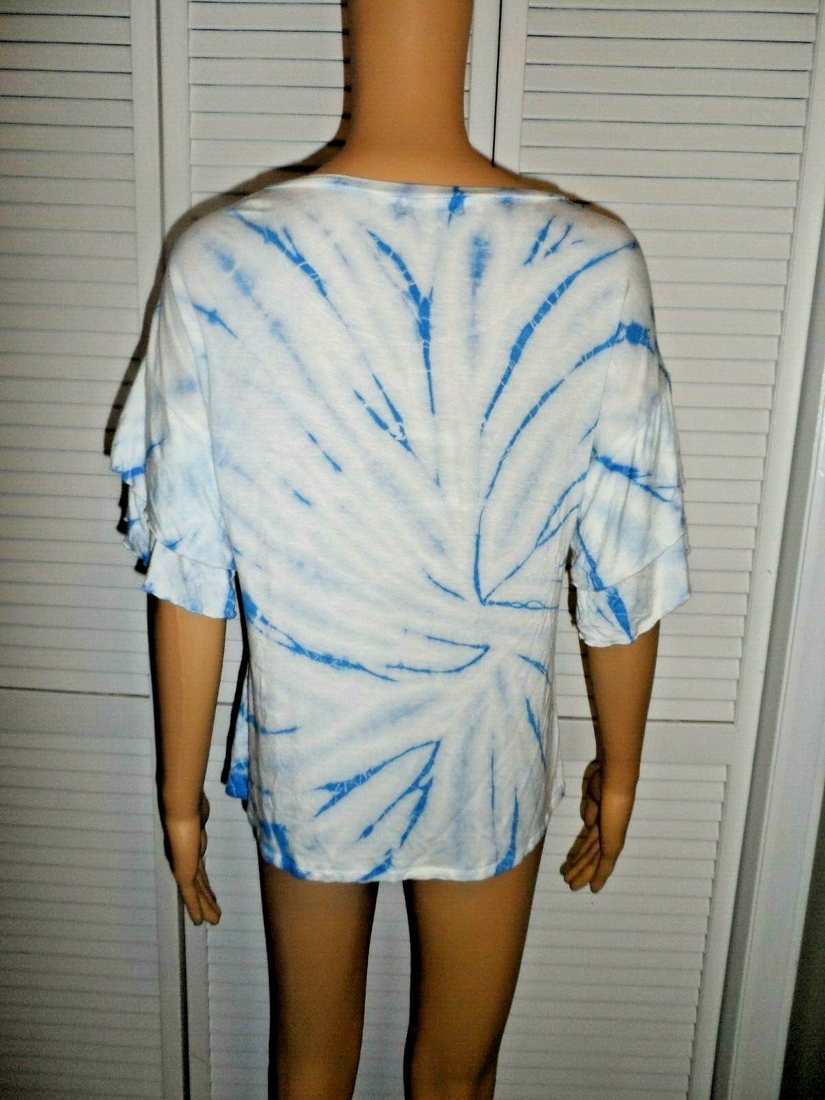 Cute Wonderly size S blue white tie dye short ruffle sleeve shirt women ...