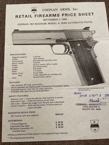 Original 1984 Coonan .357 Flier / Price List, VERY RARE Early Promo | eBay