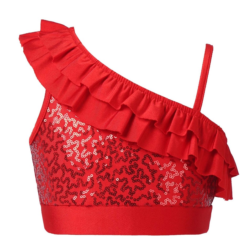 Girls Sequined Ruffled Ballet Dance Crop Top Modern Jazz One Shoulder ...