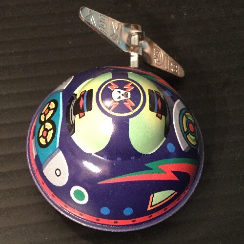 Metal Rocket Teeny Flying Saucer Alien Big Key Wind Up Tin Toy Litho ...