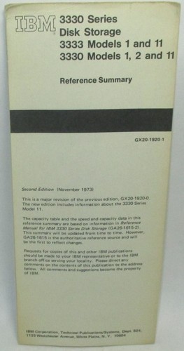 IBM 3330 Series Disk Storage Reference Summary Fold-Out GX20-1920-1 Nov 1973 | eBay