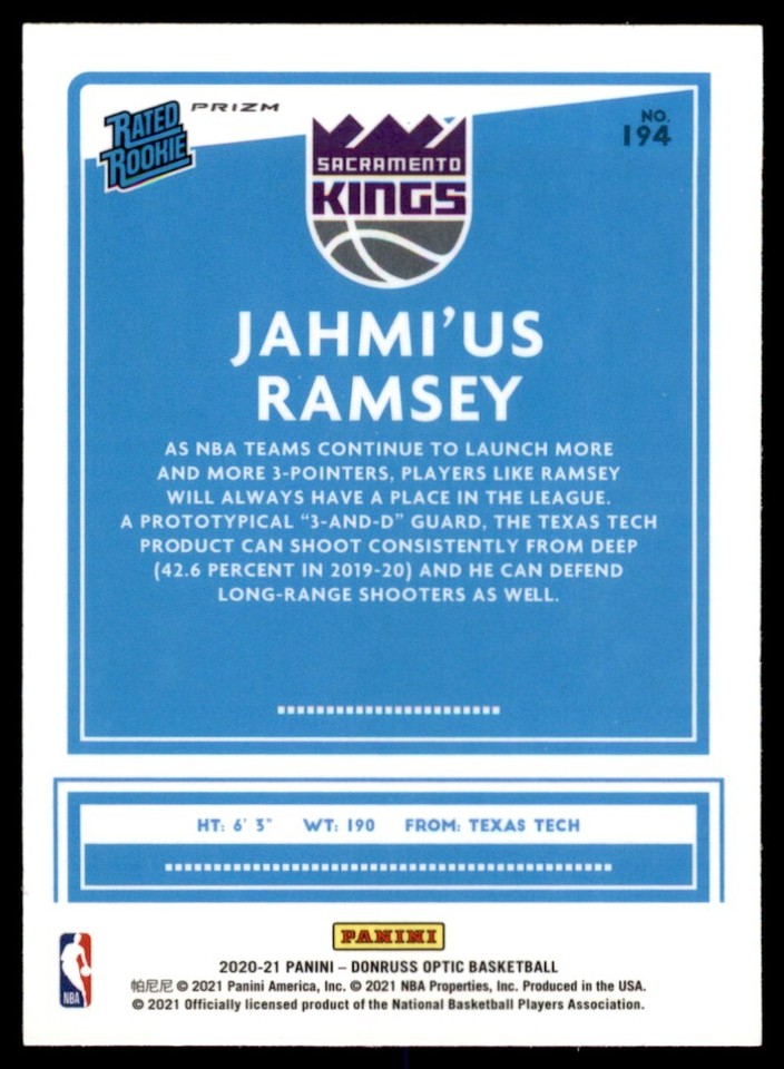 Jahmi'us Ramsey 2020-21 Donruss Optic Rookie Rated Silver Pulsar Prizm ...