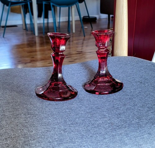Pair VTG Indiana Glass Co. Ruby Red Flash Glass Paneled 4.5" Candlestick Holders | eBay