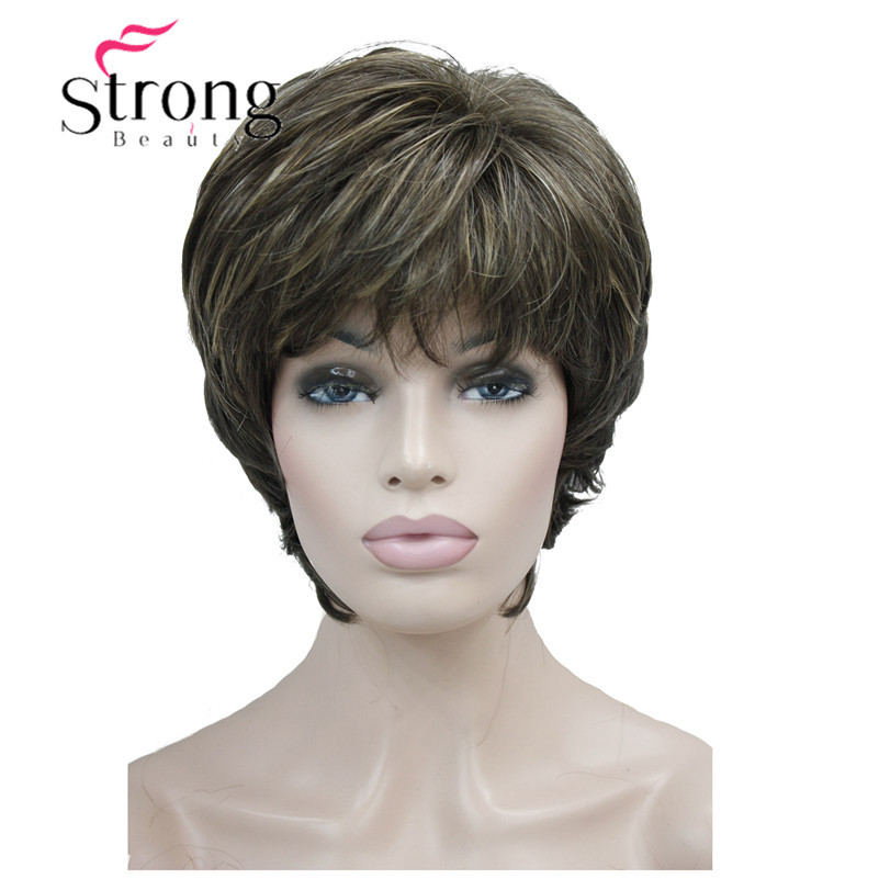 Short Layered Brown Highlighted Shag Classic Cap Synthetic Wig Women's ...
