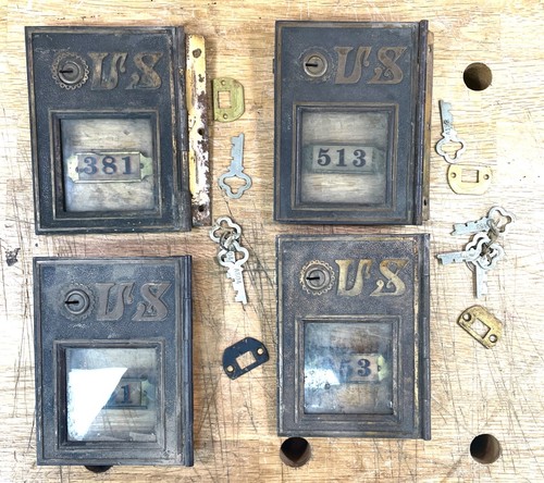 4 RARE Antique Brass Post Office Box Postal Doors Fronts Corbin US Key ...