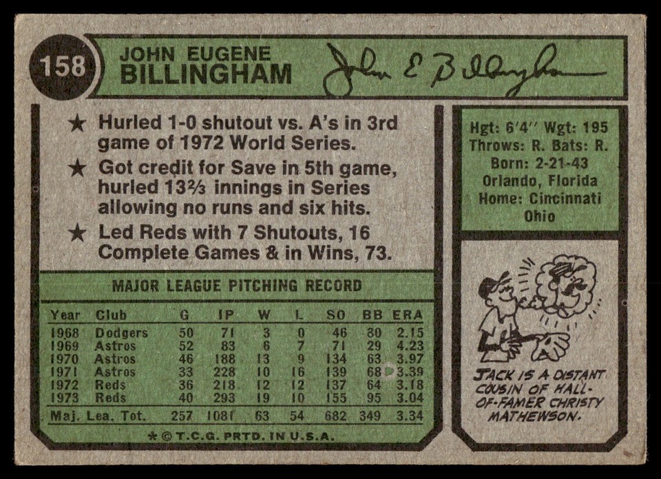 1974 Topps #158 Jack Billingham See Scan | eBay