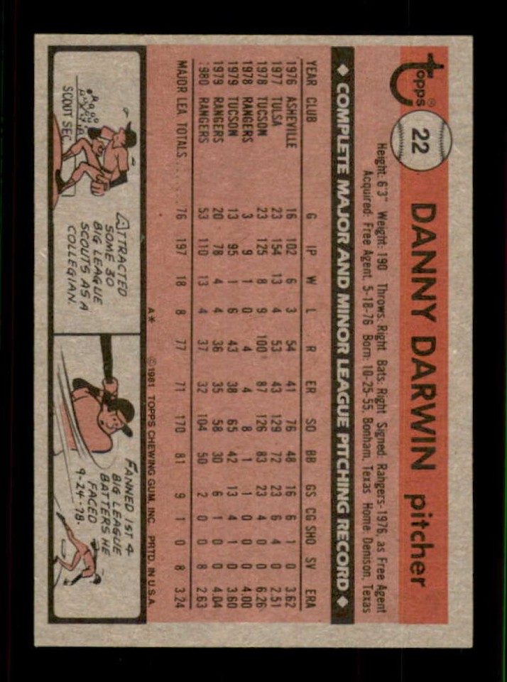 1981 Topps #22 Danny Darwin AUTOGRAPHED!!! Rangers 235825 | eBay