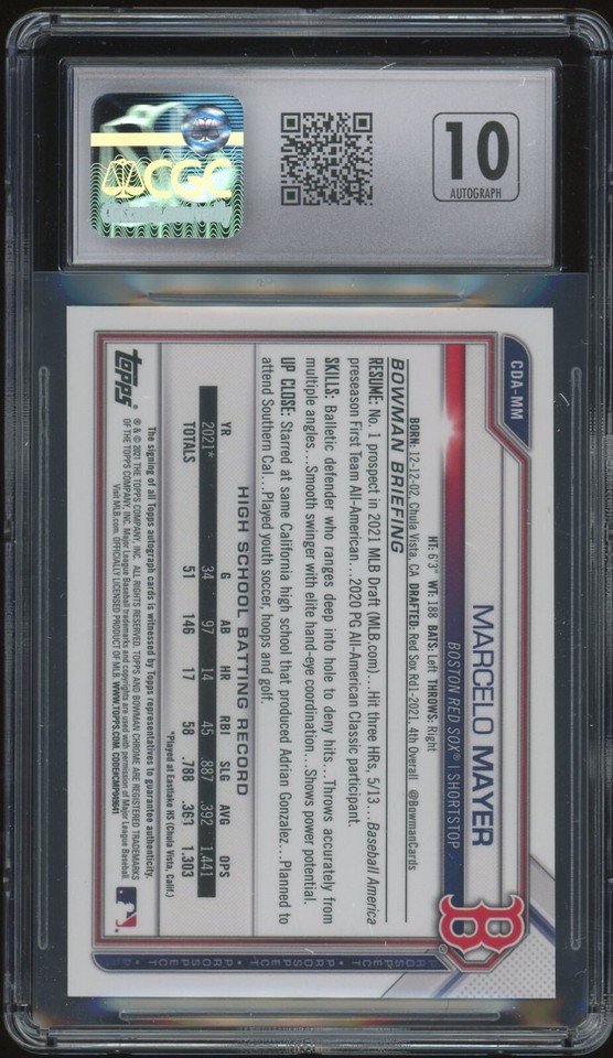 Marcelo Mayer 2021 1st Bowman Draft Chrome Auto Purple /250 #CDA-MM CGC ...