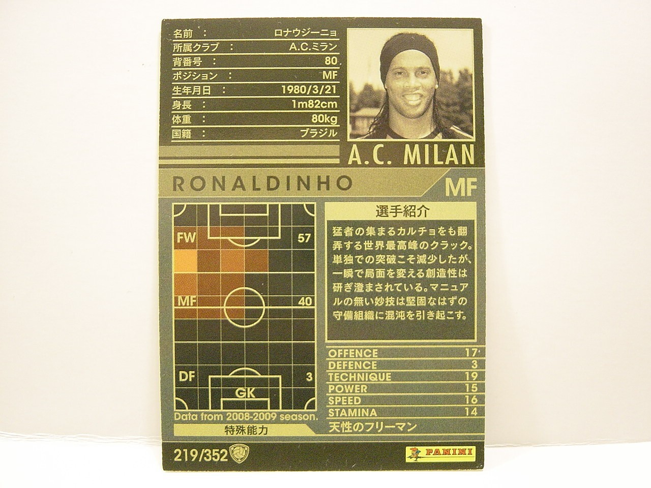 Panini WCCF 2008-09 Ronaldinho Gaúcho 1980 Brazil No.80 AC Milan Italy ...