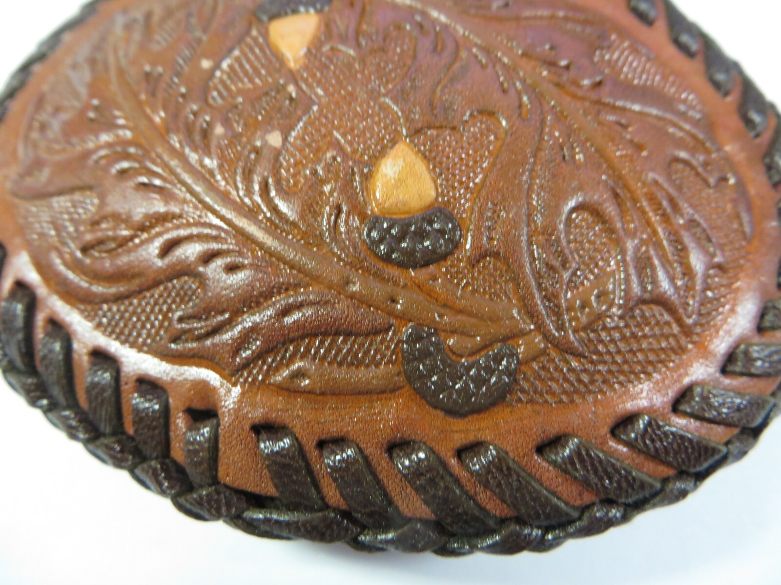 Vtg Leather Belt Buckle Hand Painted OAK LEAVES ACORNS Stitched Wrapped ...