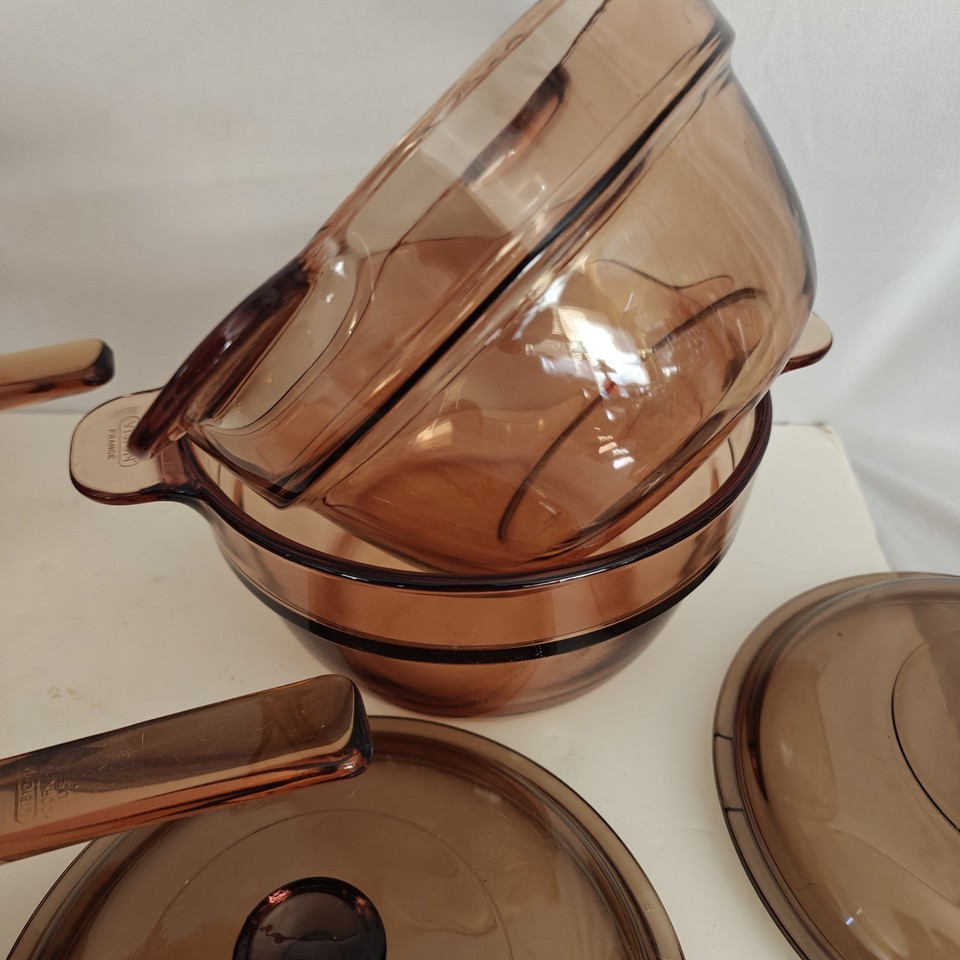 Vtg Corning Visions 13 Piece Lot of Amber Cookware - Sauce Pans + | eBay