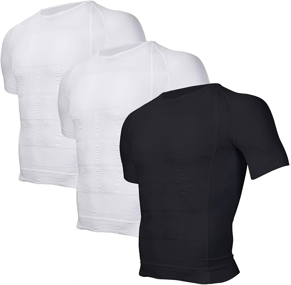 3 Pack Men Body Shaper Slimming Shirts Vest Compression Short Sleeve ...
