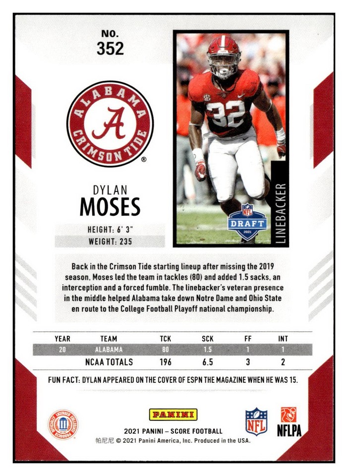 2021 Score - Rookie Rookies Dylan Moses #352 (RC) | eBay