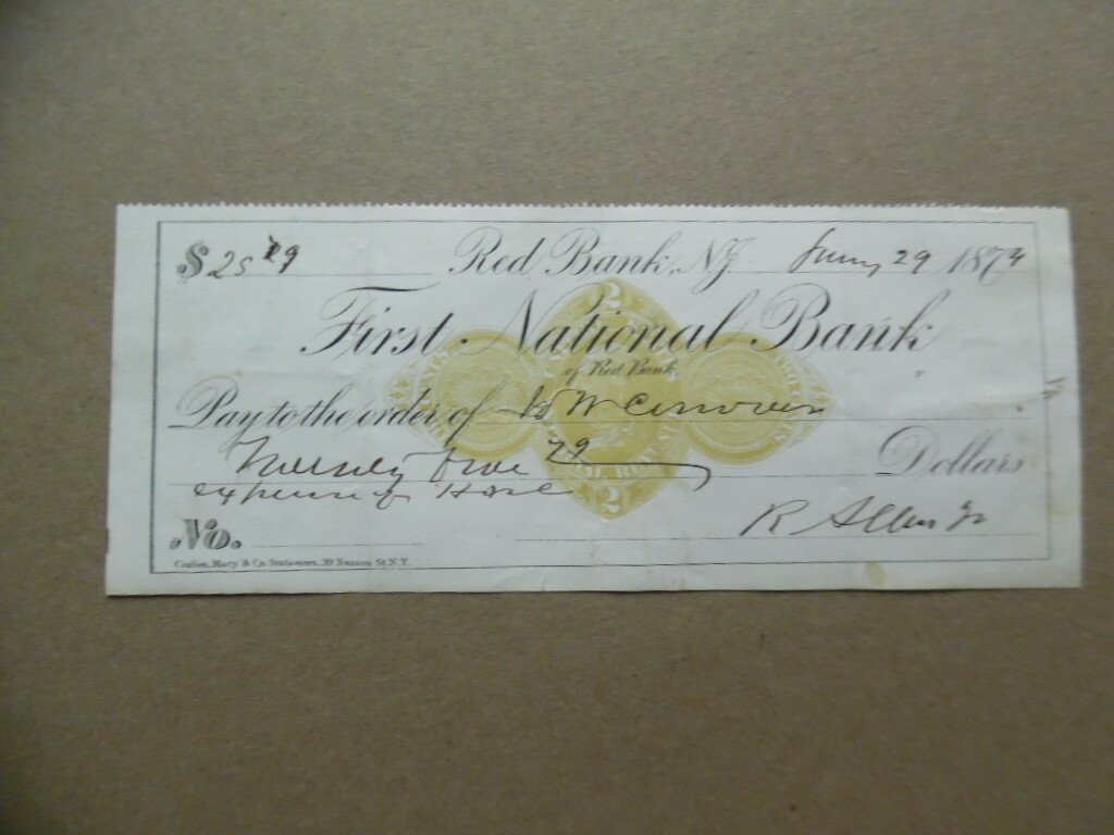 1874 Revenue Stamped Paper Check First National Bank of Red Bank New ...