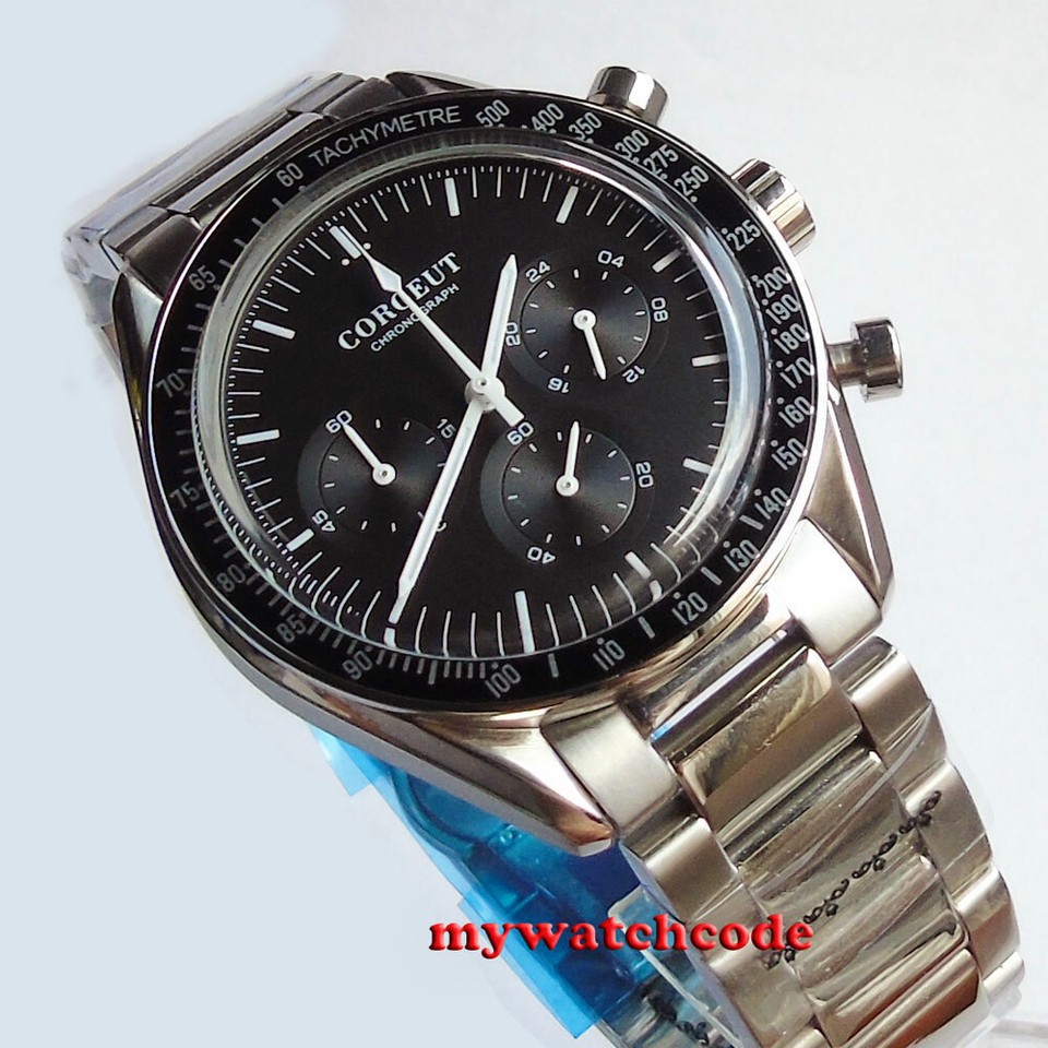 40mm corgeut black dial steel bracelet quartz full chronograph mens ...