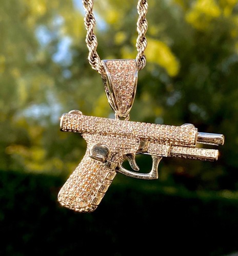 Men Women 14k White Gold Finish Icy Gun Pistol Pendant Charm Rope Chain ...