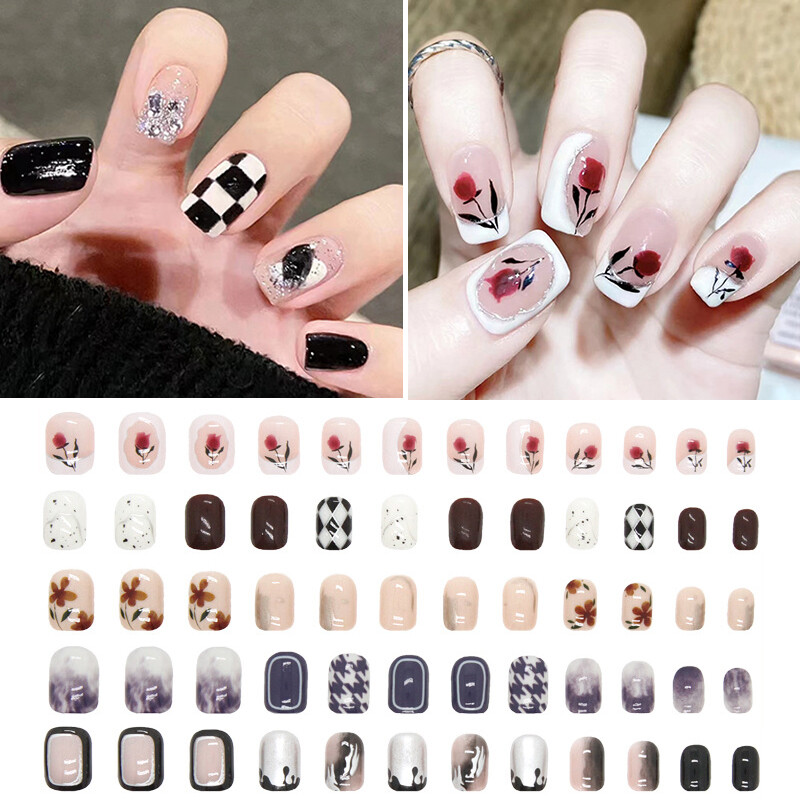 24Pcs Fake Nails with Designs Press on Full Cover Artificial Short ...