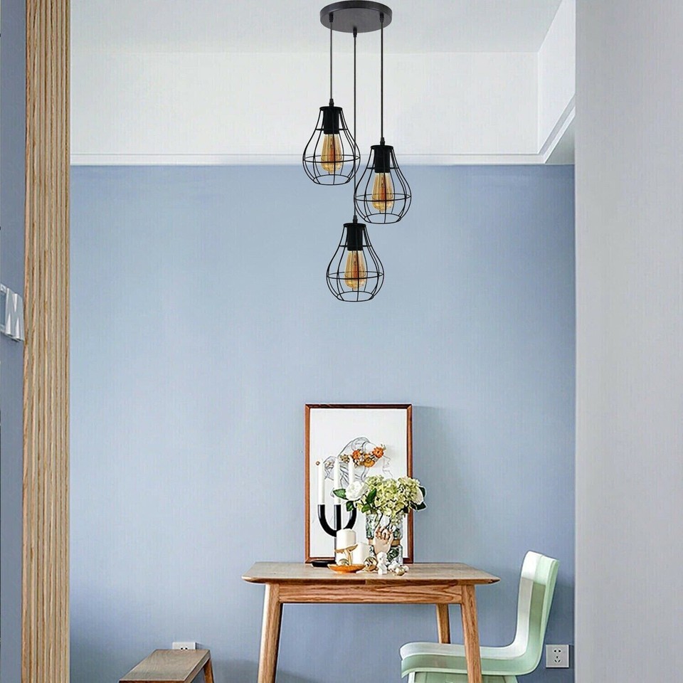 Vintage Ceiling Pendant Light Industrial Metal 3Head Cage LED Hanging ...